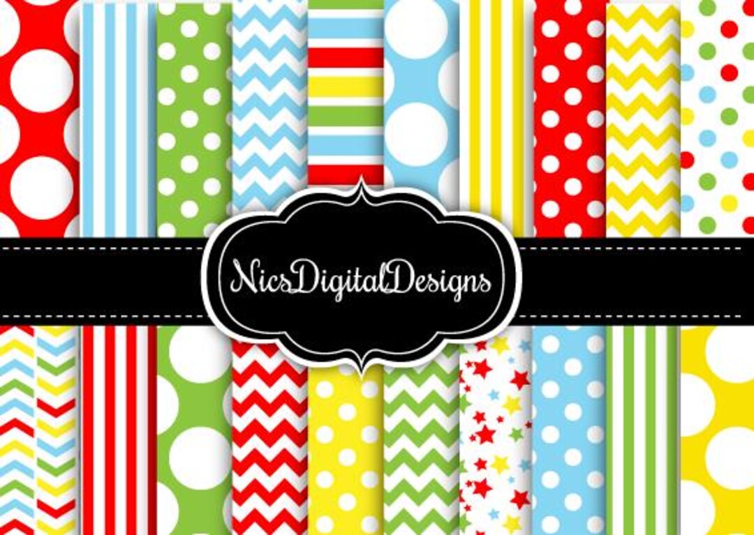 Polka Dot and Stripes Digital Paper Pack, Red Green Blue Yellow ...