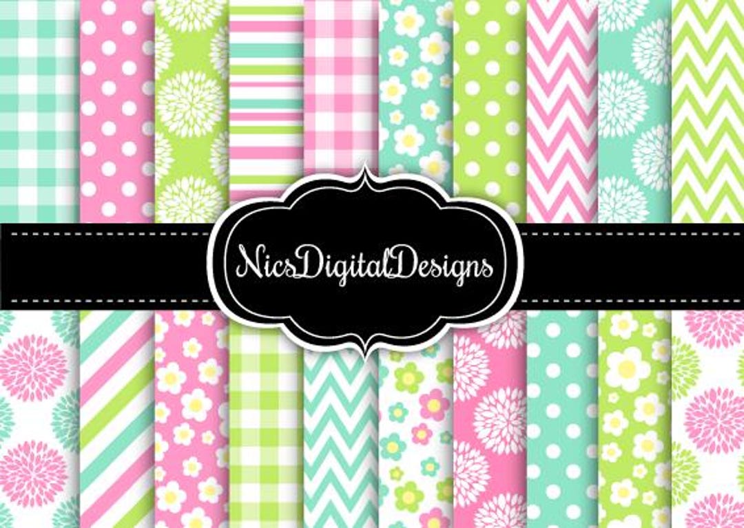 Mother's Day Papers in Pink and Green, Flowers, Gingham for Commercial ...