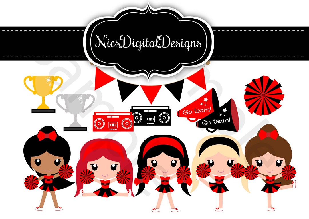 Cute Cheerleaders in Red and Black Clipart PNG for Commercial Use - Etsy