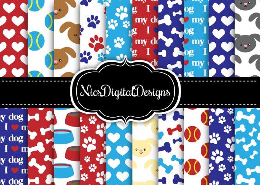 Dog Digital Papers in Navy and Red With Dogs, Paw Prints, Hearts for ...