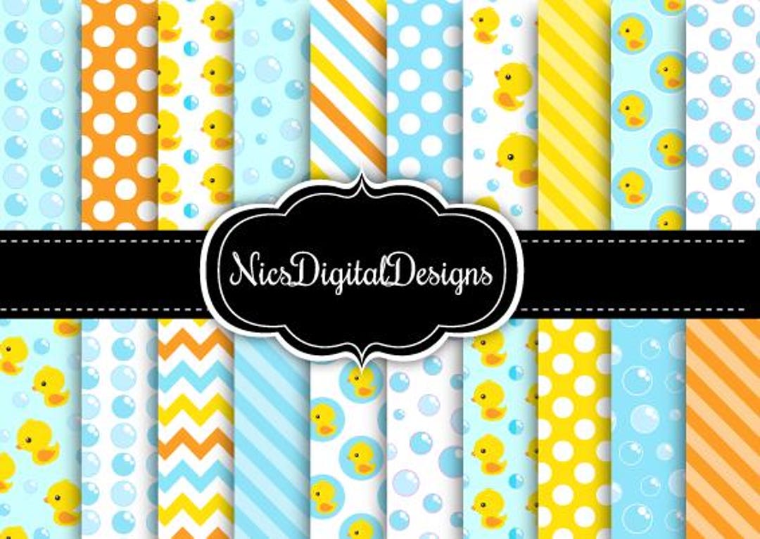 Duck Digital Papers in Blue and Yellow With Ducks, Bubbles, Stripes for ...