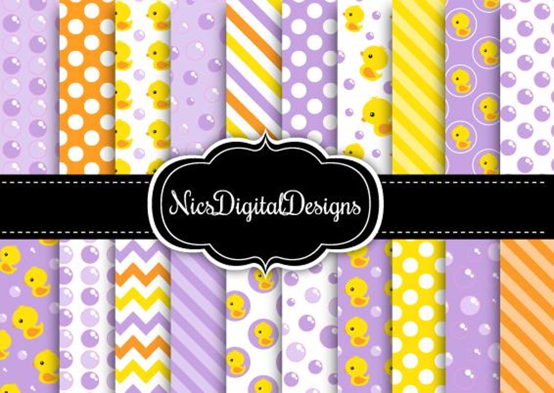 Duck Digital Papers in Purple and Yellow With Ducks, Bubbles, Stripes ...