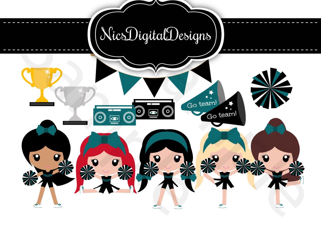 Cute Cheerleaders in Teal and Black Clipart PNG for Commercial Use - Etsy
