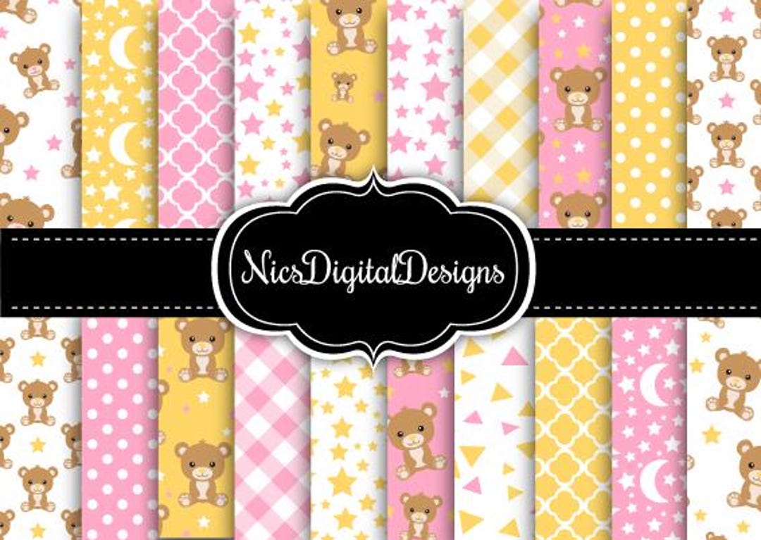 Teddy Bear Digital Papers in Pink and Yellow With Teddy Bears, Stars ...