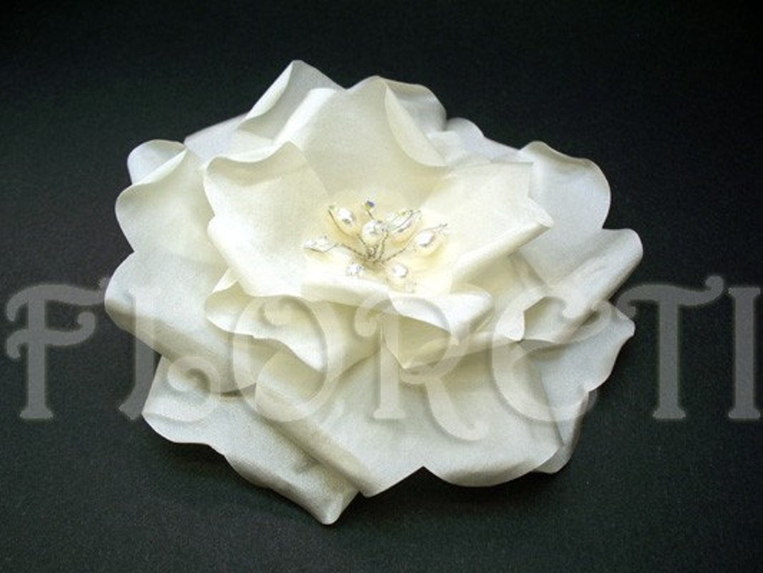 Snow Bride Large Ivory Rose Wedding Dress Flower Pin W/ Pearls Crystals ...