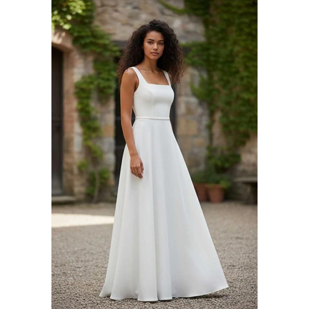 Elegant White Satin A-line Wedding Dress • Square Neck, Lace-up Back - Etsy