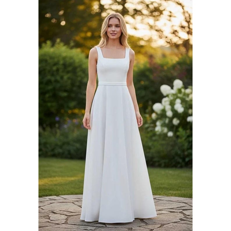 Elegant White Satin A-line Wedding Dress • Square Neck, Lace-up Back - Etsy