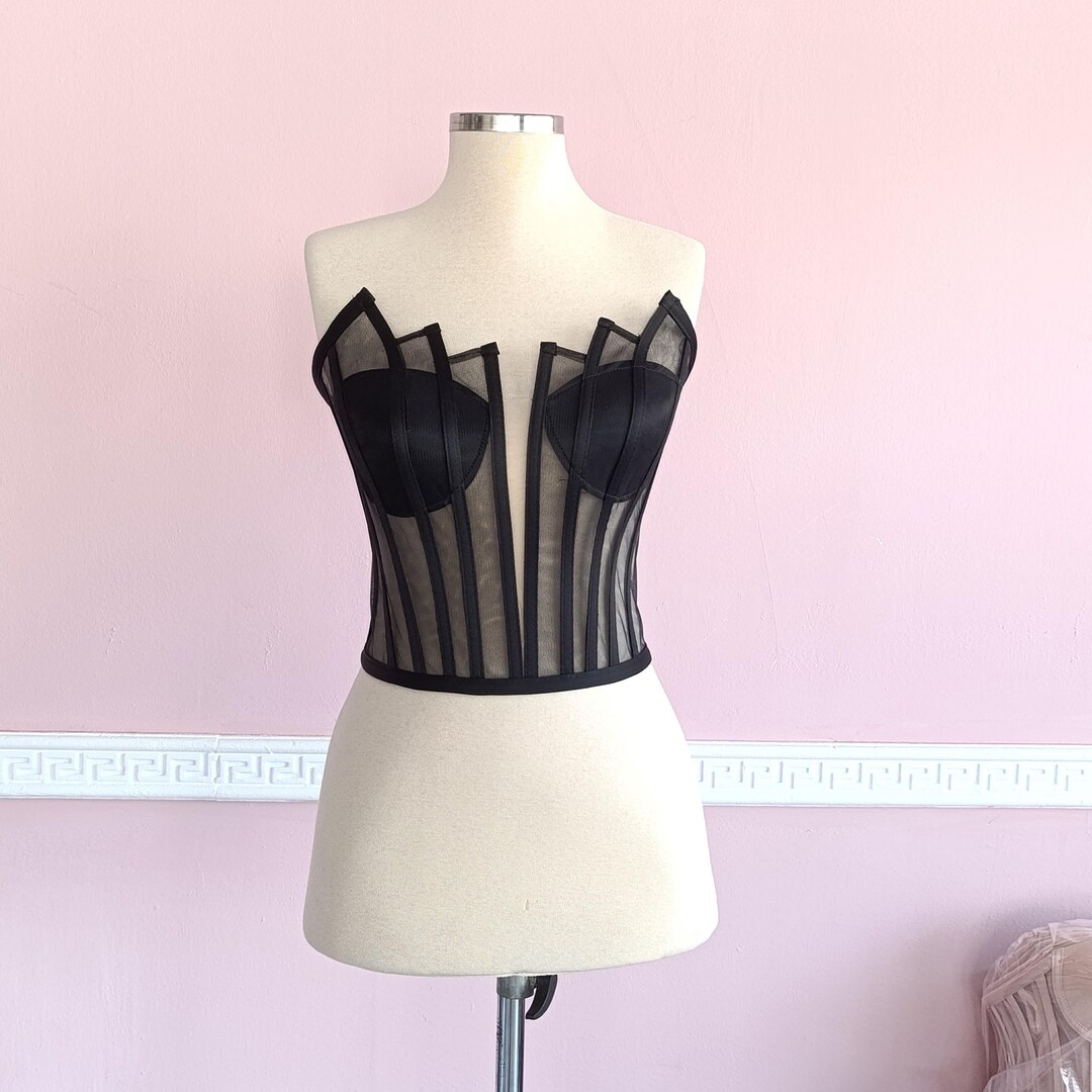 Black Transparent Tulle Corset Bustier: Strapless Laced Underwire Crop ...