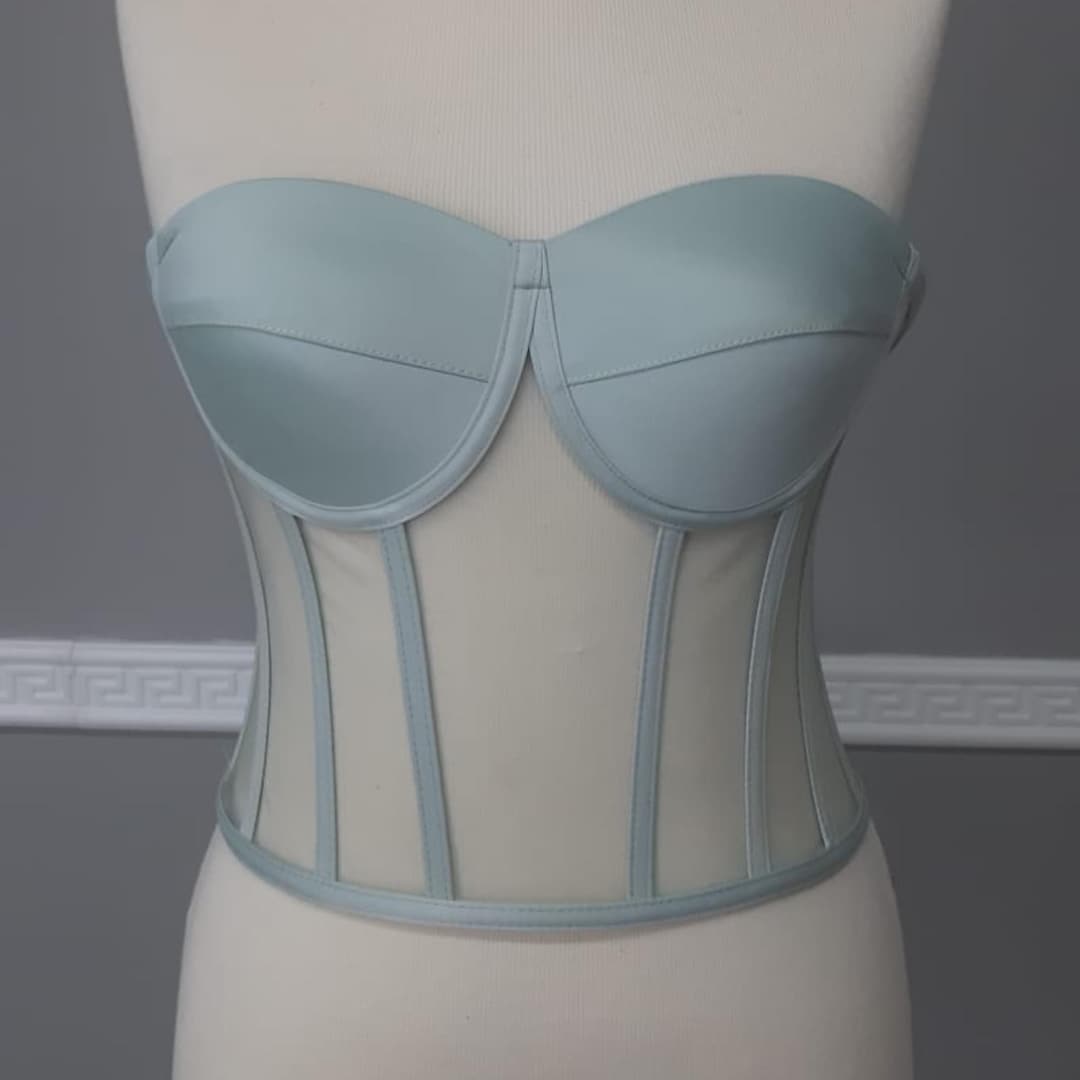 Transparent Boned Satin Bustier Corset Top With Underwire in Gray ...