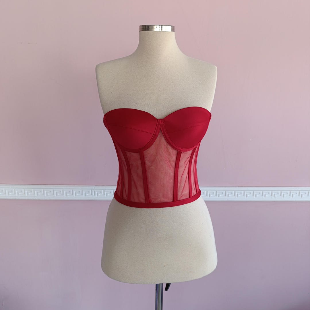 Red Mesh Bustier Corset Top – Strapless Boned Lingerie Crop – Sheer ...