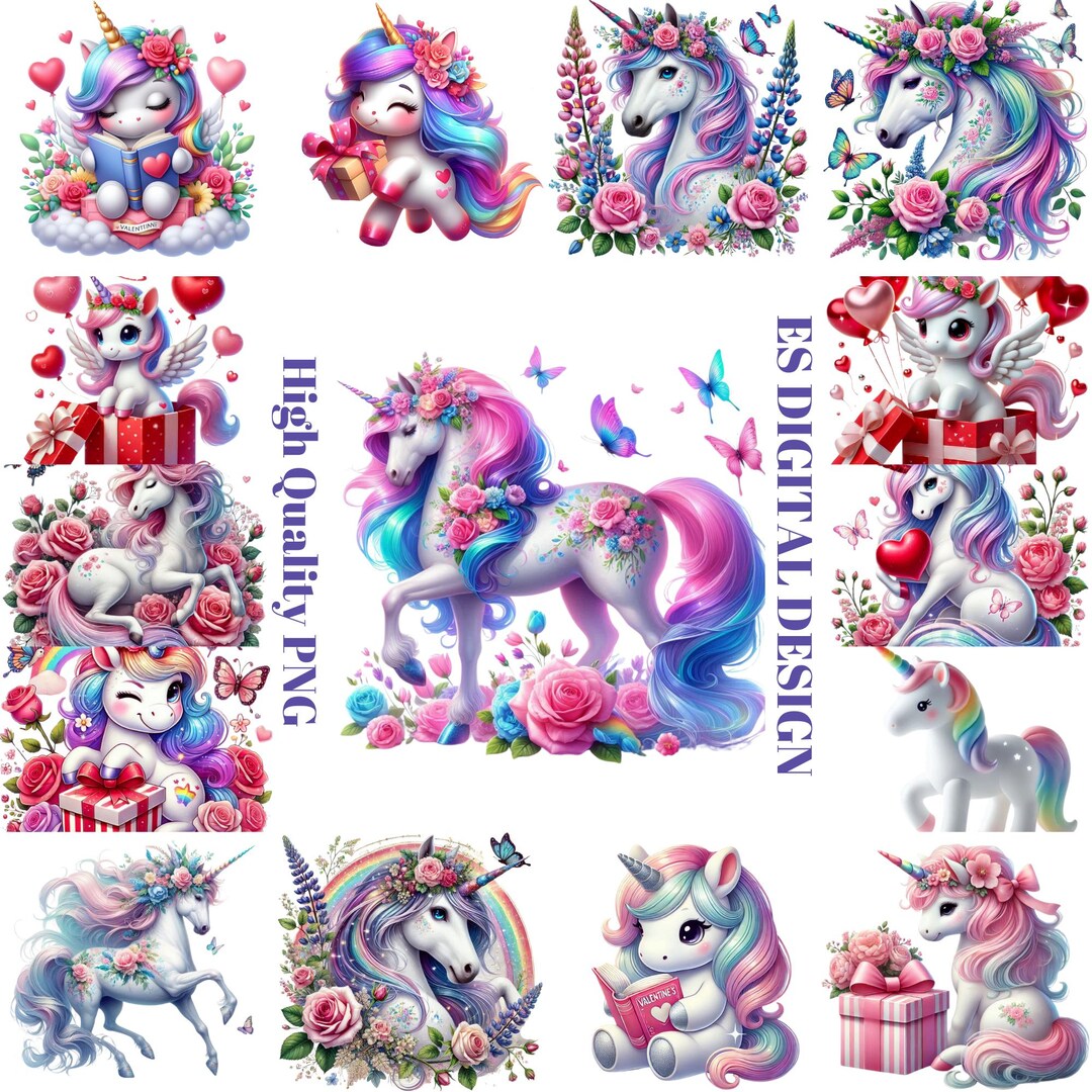 Valentines Day Unicorn Png Bundle, Rainbow Unicorn Clipart, Baby ...