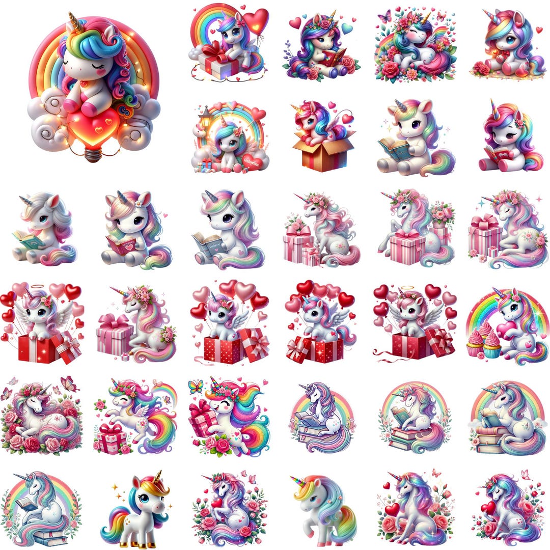 Valentines Day Unicorn Png Bundle, Rainbow Unicorn Clipart, Baby ...