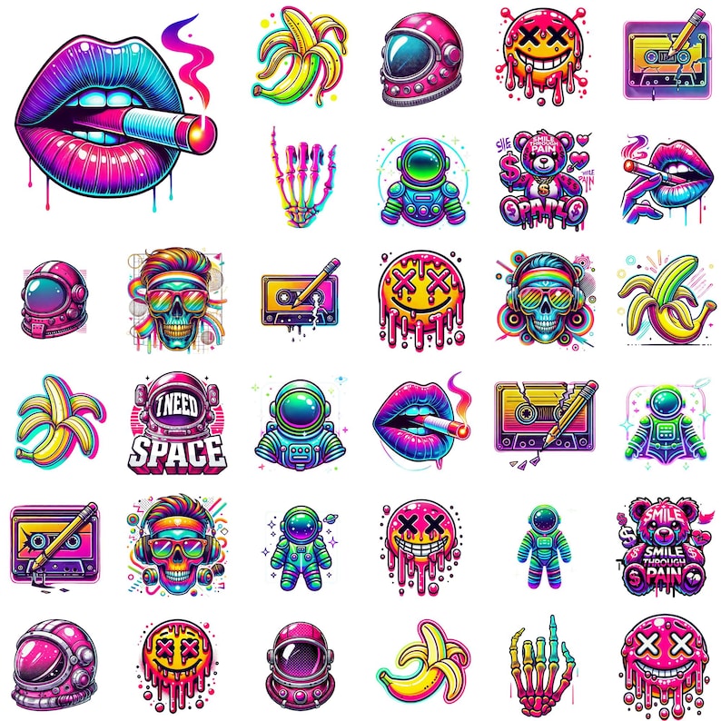 Colorful Neon Png Bundle, Trendy Neon Tshirt Design, Skeleton Peace ...