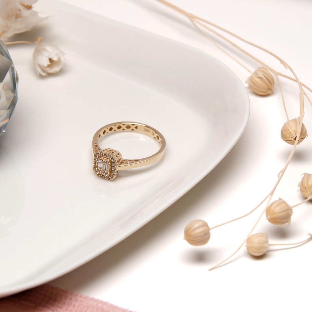 14K Solid Gold Emmy Baguette,best Proposal and Wedding Ring Surrounded ...