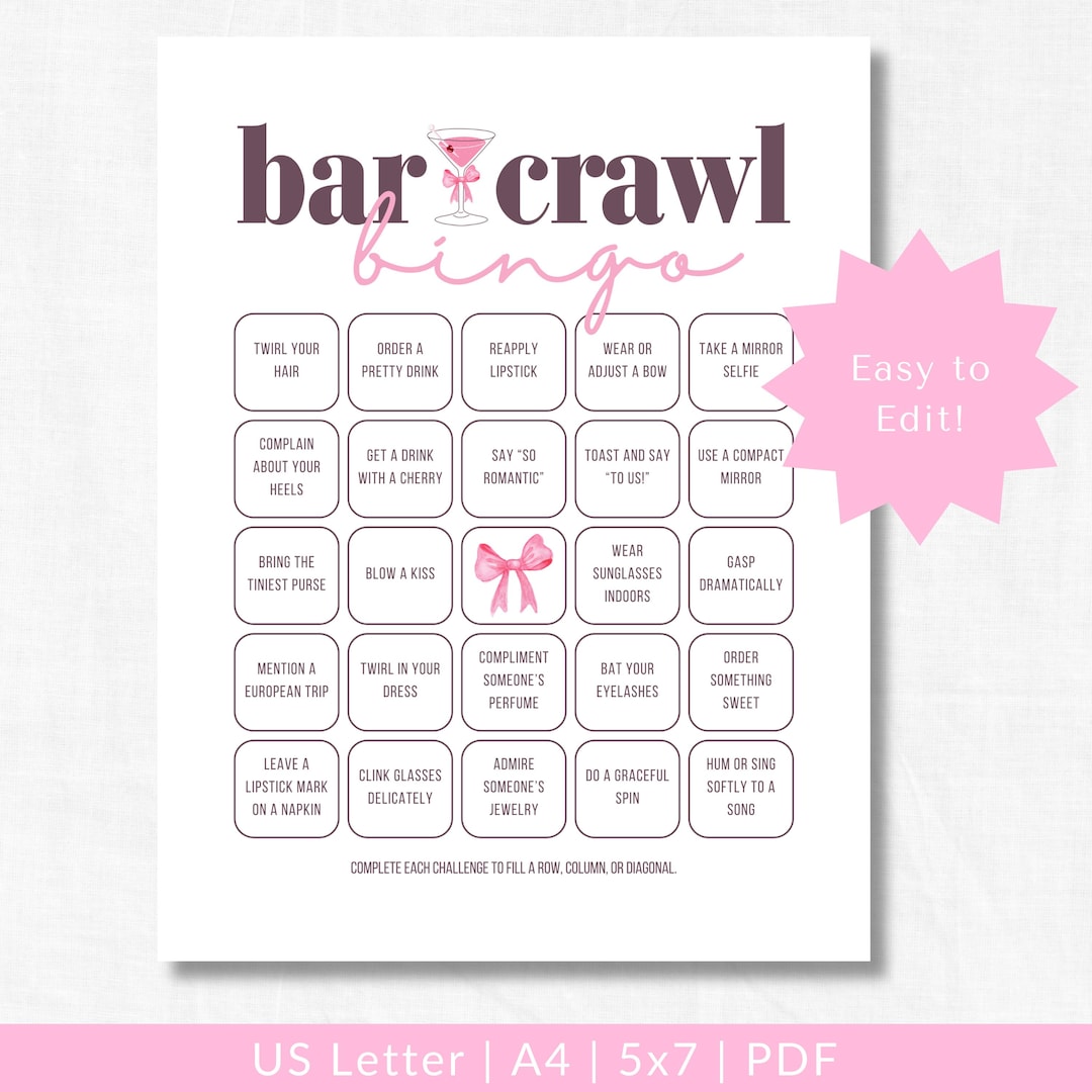 Bar Crawl Bingo | Pub Crawl Bingo | Bar Crawl Games | Bar Bingo | Bar ...
