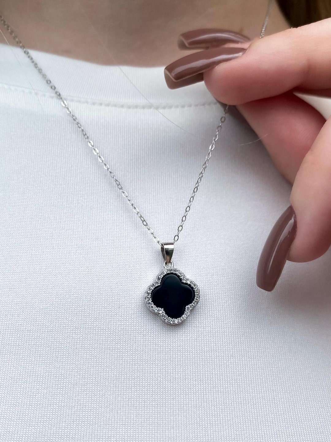 Black Clover Necklace Lucky Clover Pendant Black Clover Earrings Onyx ...