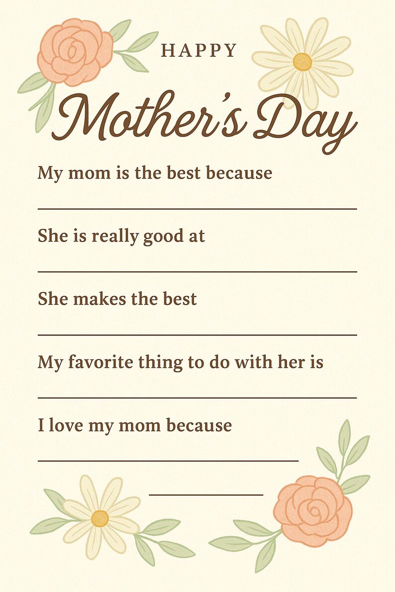 Mother’s Day Fill in the Blank Letter From Kids | Printable PDF | Cute ...