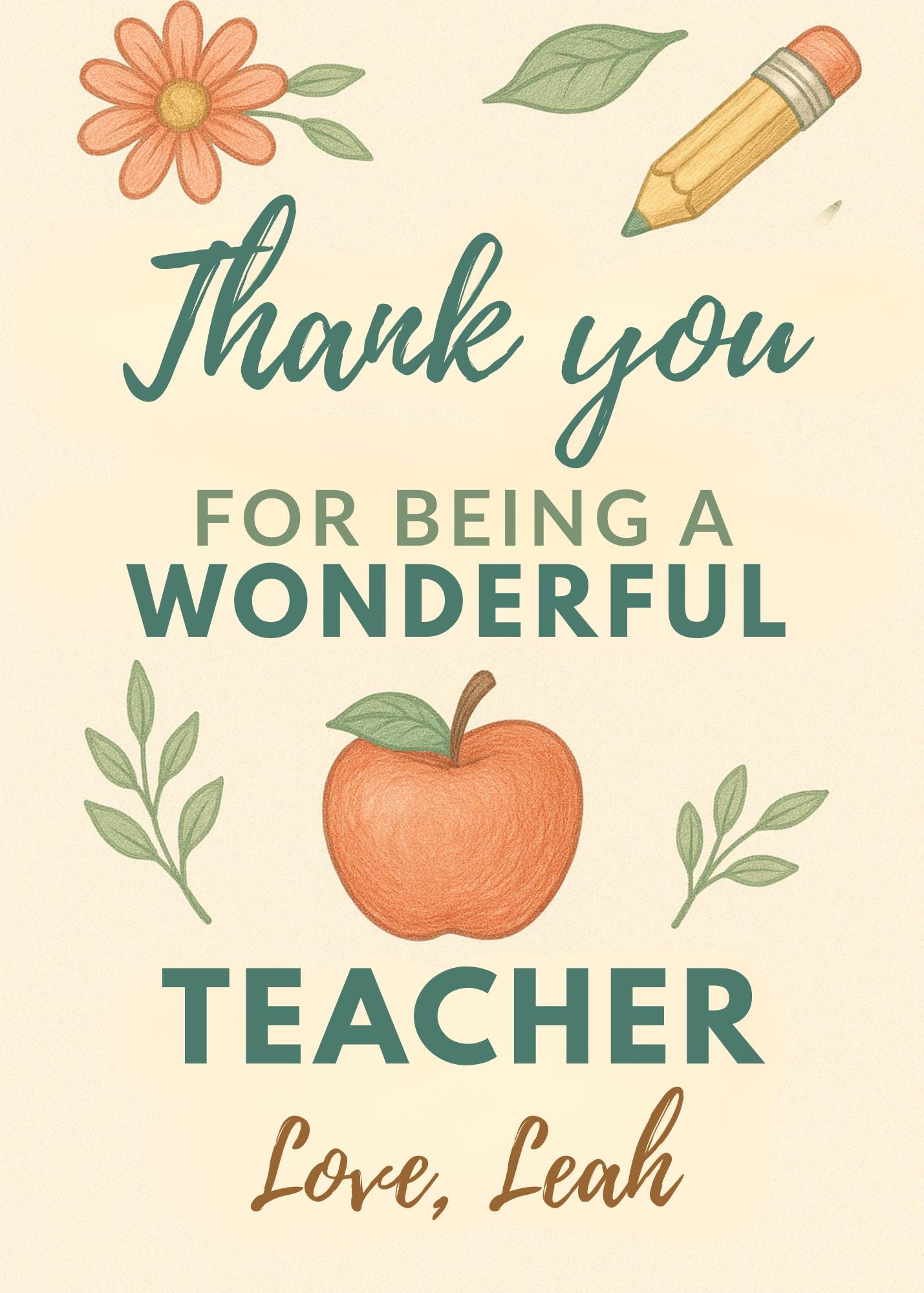 Editable Teacher Thank You Card | Hand-drawn Style | Printable Template ...