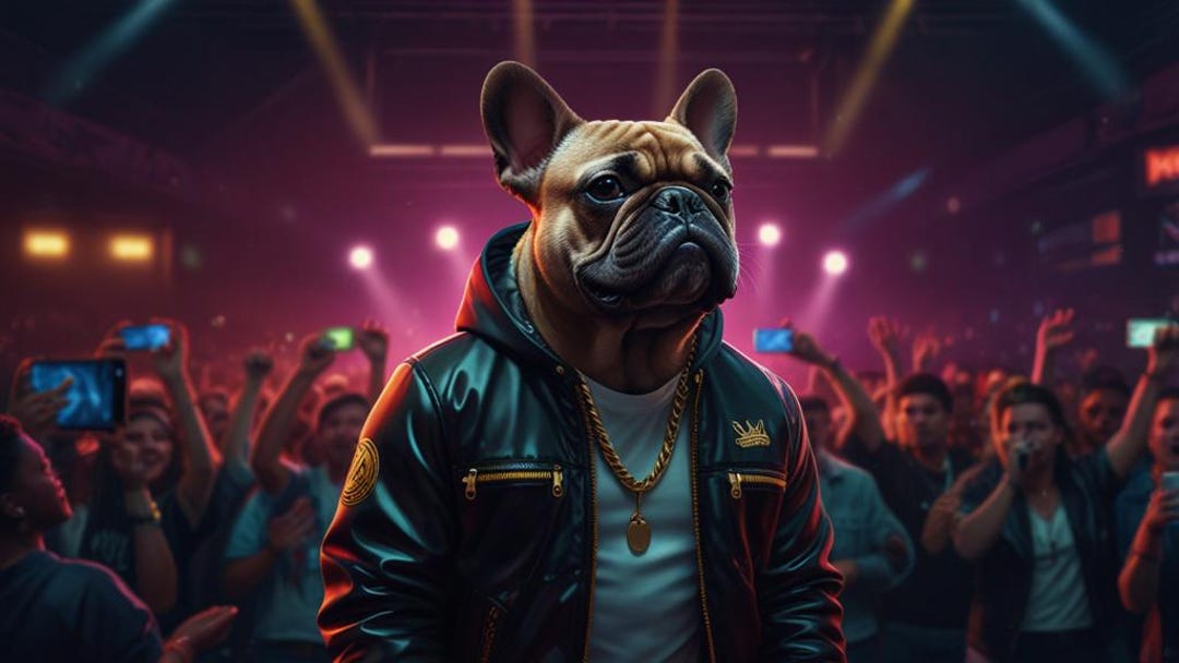 French Bulldog Rap Star Poster Ultra-realistic Art, Neon Stage Vibes ...