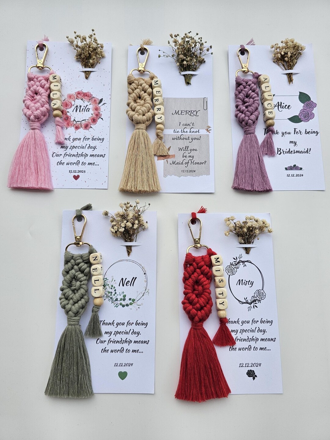 Macrame Name Keychain for Bridesmaid Gift From Bride With Card and ...