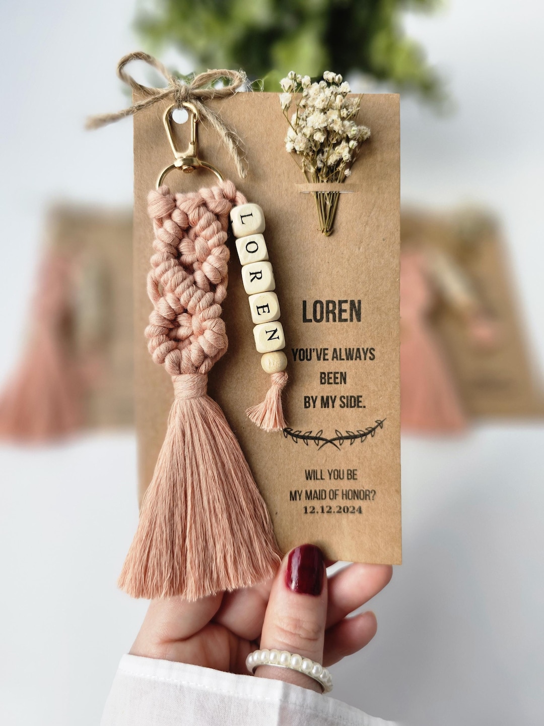 Macrame Name Keychain for Bridesmaids With Card and Flower, Custom ...