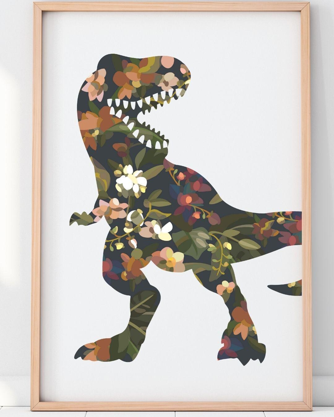 Dinosaur Print | T-rex Wall Art | Tropical Botanical T-rex Digital ...