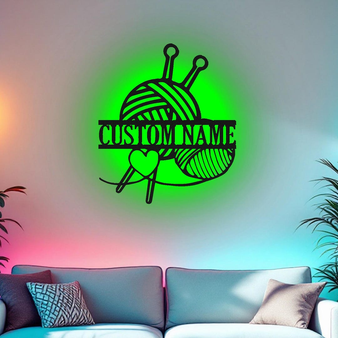 Custom Ball Yarn Heart Metal Wall Art Led Light Personalized Knitting ...