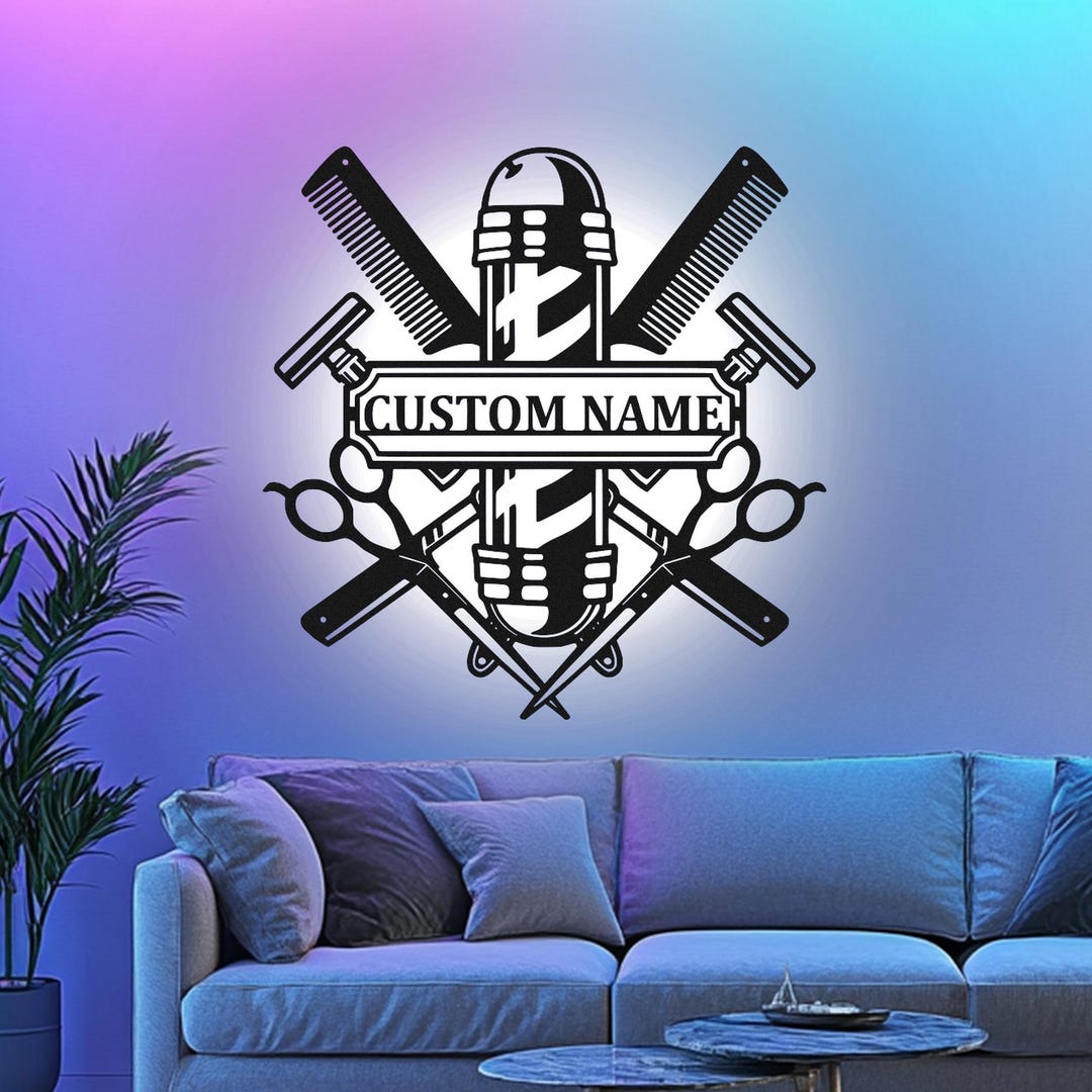 Custom Barber Shop Metal Wall Art With Led Light, Personalized Barber ...