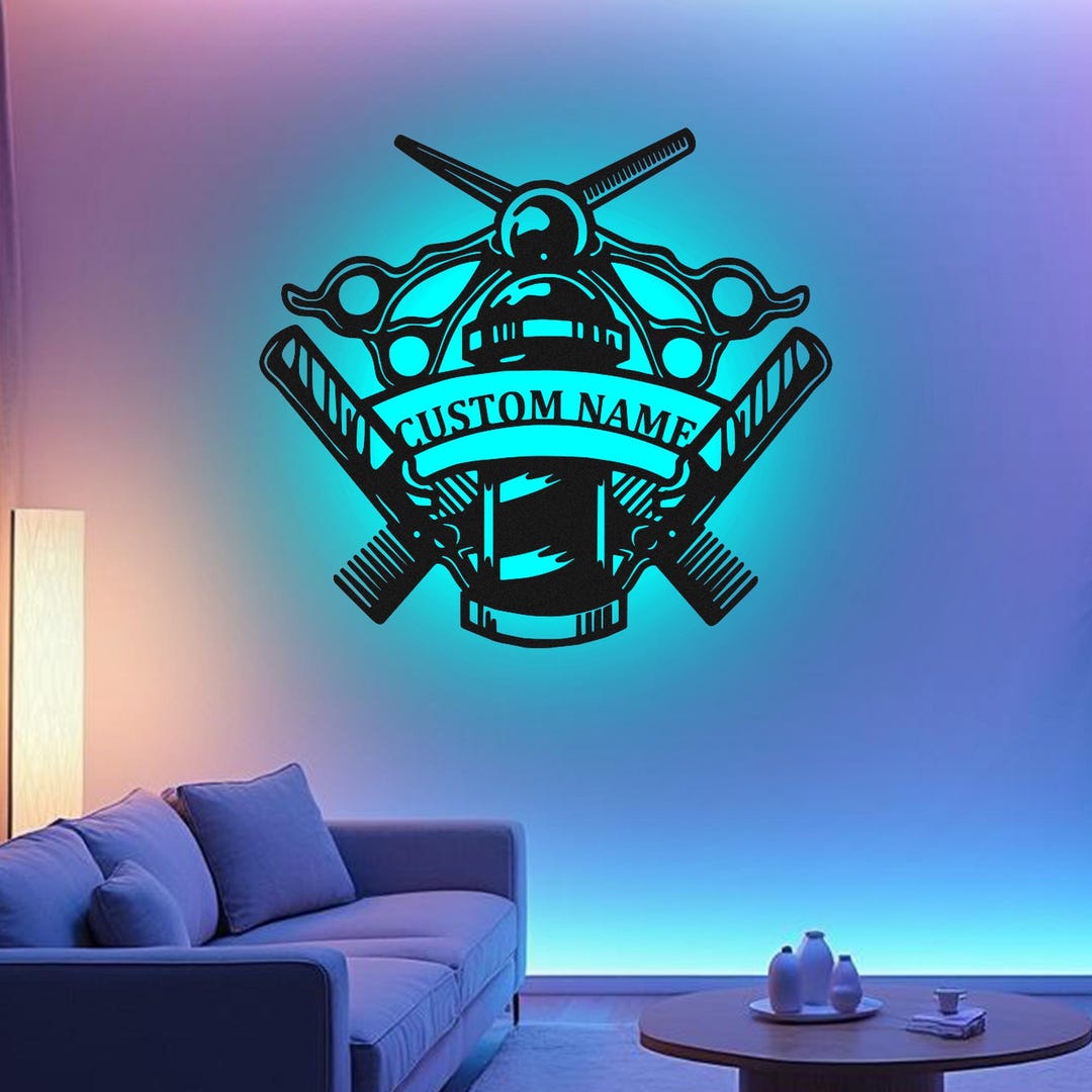 Custom Barber Shop Metal Wall Art With Led Light, Personalized Barber ...
