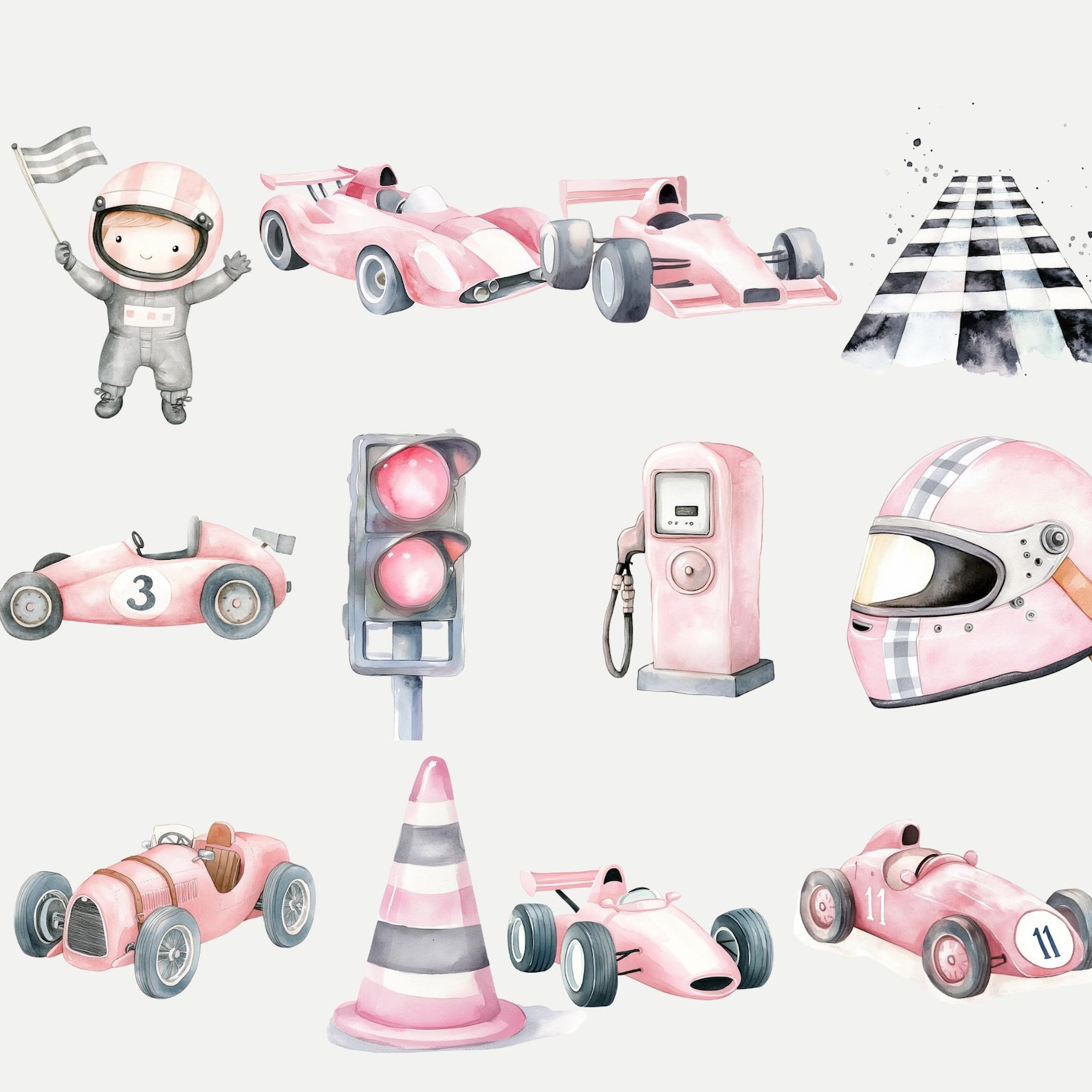 Watercolor Pink Race Car Clipart Set Girl Racer PNG Bundle With Drivers ...