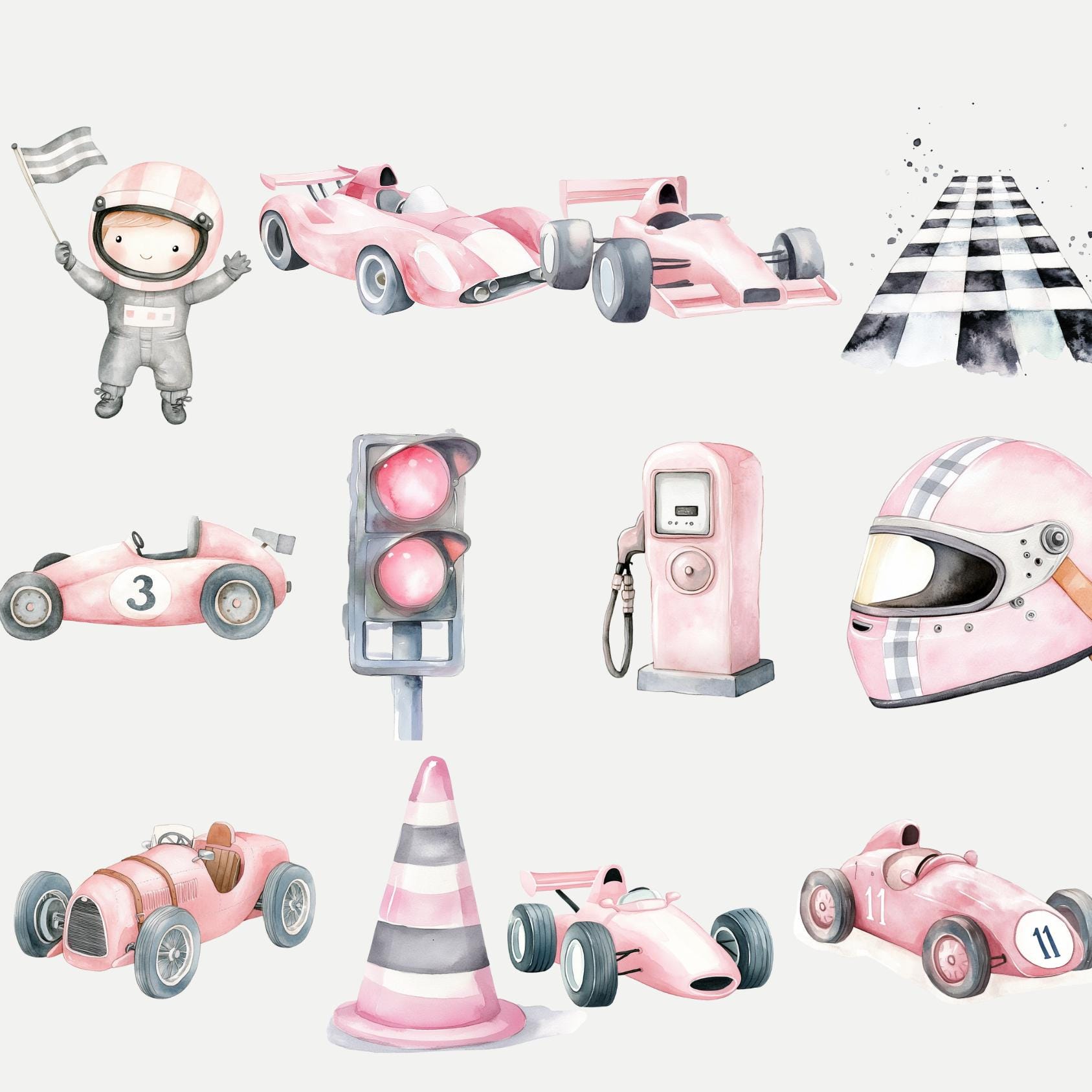 Watercolor Pink Race Car Clipart Set Girl Racer PNG Bundle With Drivers ...