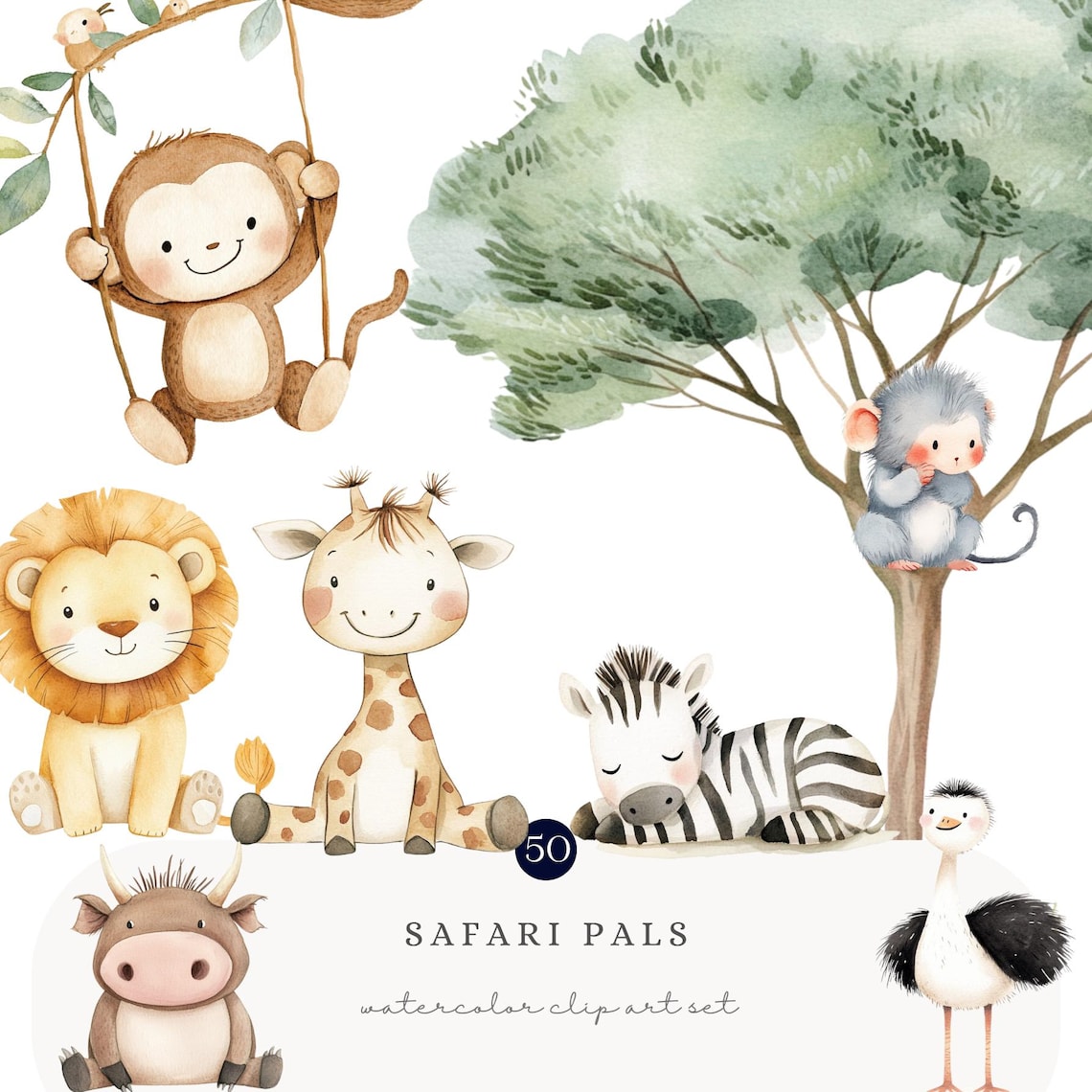 Watercolor Safari Animals Clipart Set - Jungle Friends, Cute Wildlife ...