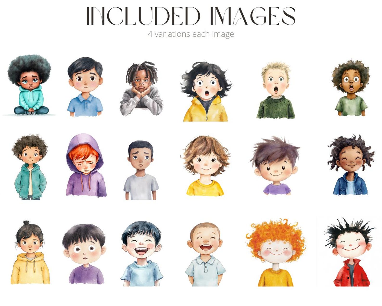 Watercolor Boy Emotions Clipart | Cute Kids Expression Png Set | Happy ...
