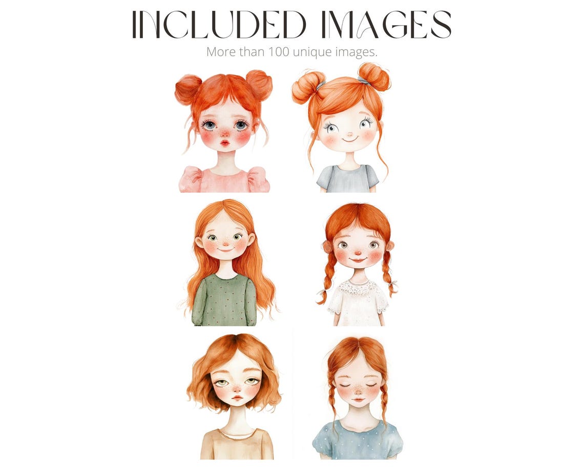 Watercolor Redhead Girl Portrait Clipart | Nursery Art (PNG) - Etsy