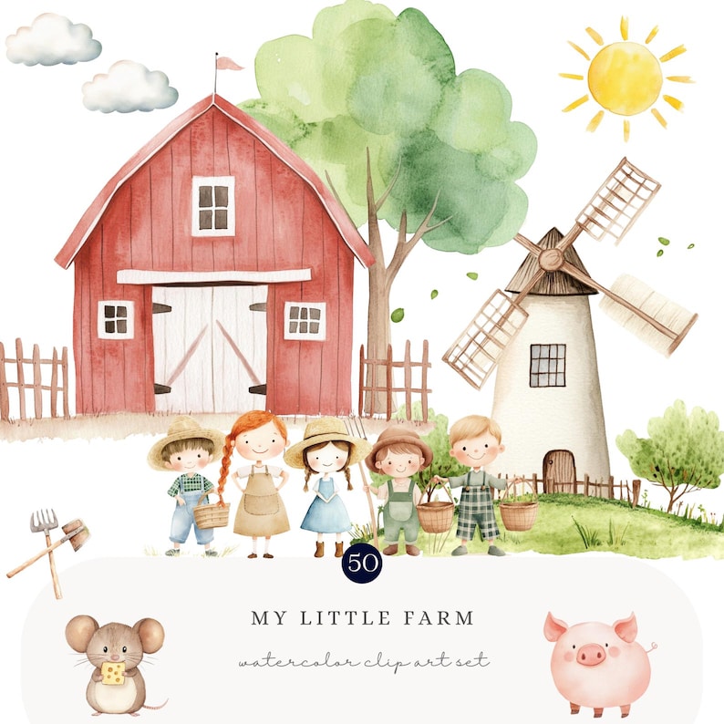 Watercolor Farm Animals Clipart Set, Rustic Barnyard Digital Download ...