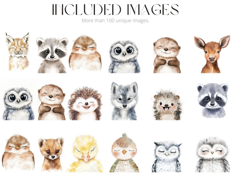Adorable Woodland Animal Clipart Set - Watercolor Baby Animal Portraits ...