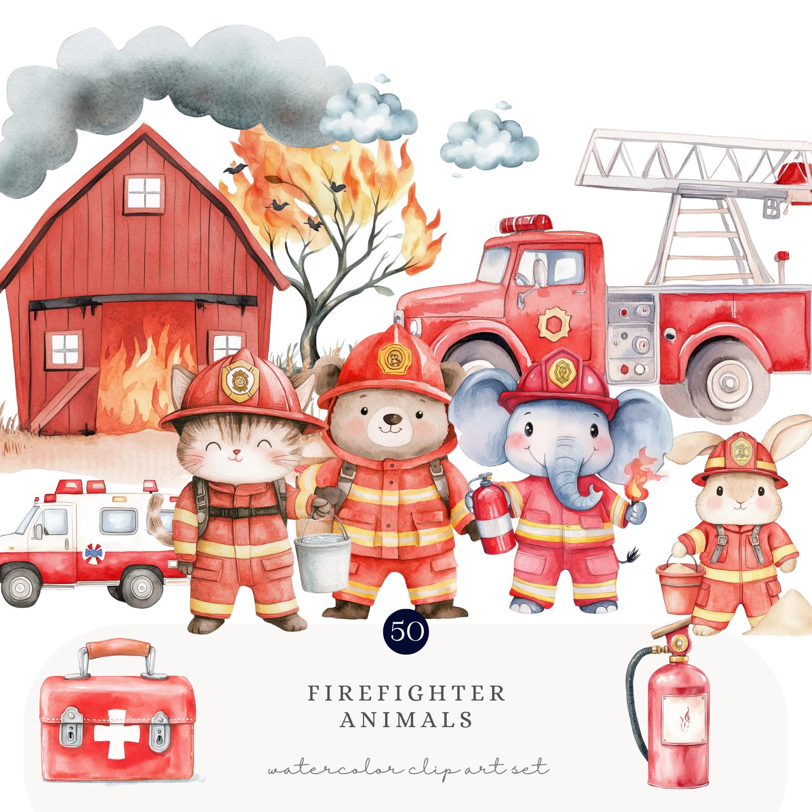 Watercolor Firefighter Animal Clipart Set - Cute Fire Truck, Firehouse ...