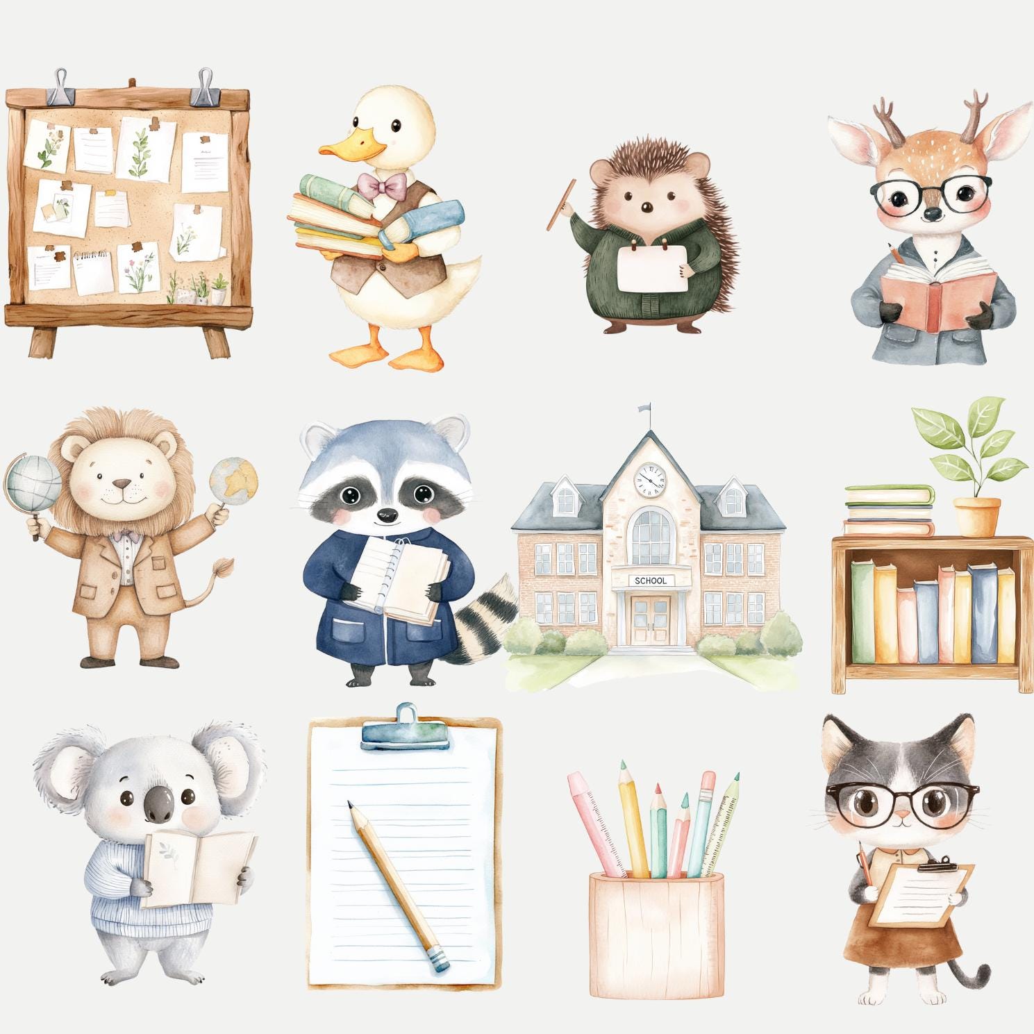 Watercolor Teacher Animal Clipart Set – Schoolhouse & Bus Illustrations ...