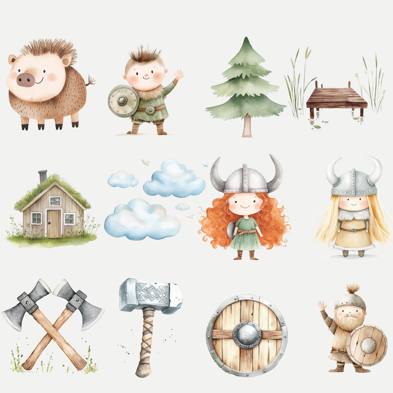Cute Vikings Watercolor Clipart Bundle Adorable Norse Characters ...