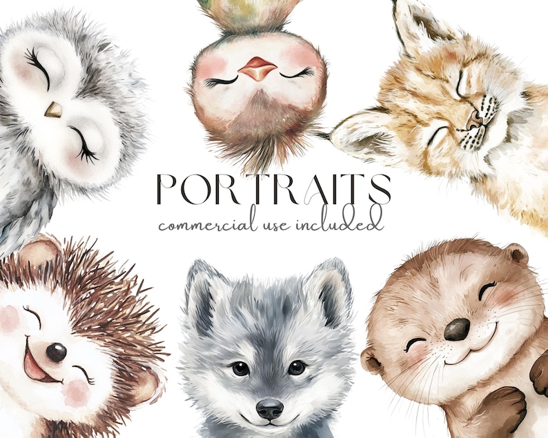 Adorable Woodland Animal Clipart Set - Watercolor Baby Animal Portraits ...