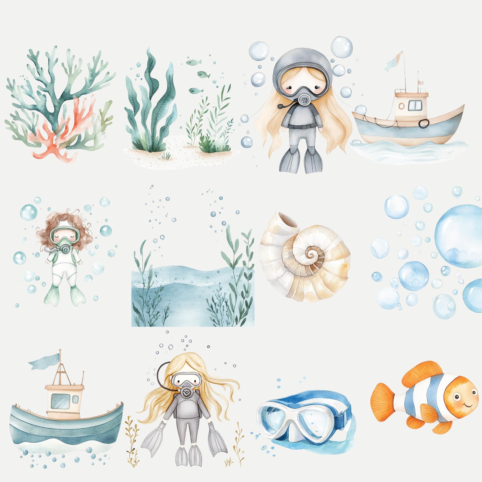 Cute Scuba Watercolor Clipart Bundle | Adorable Divers, Sea Creatures ...