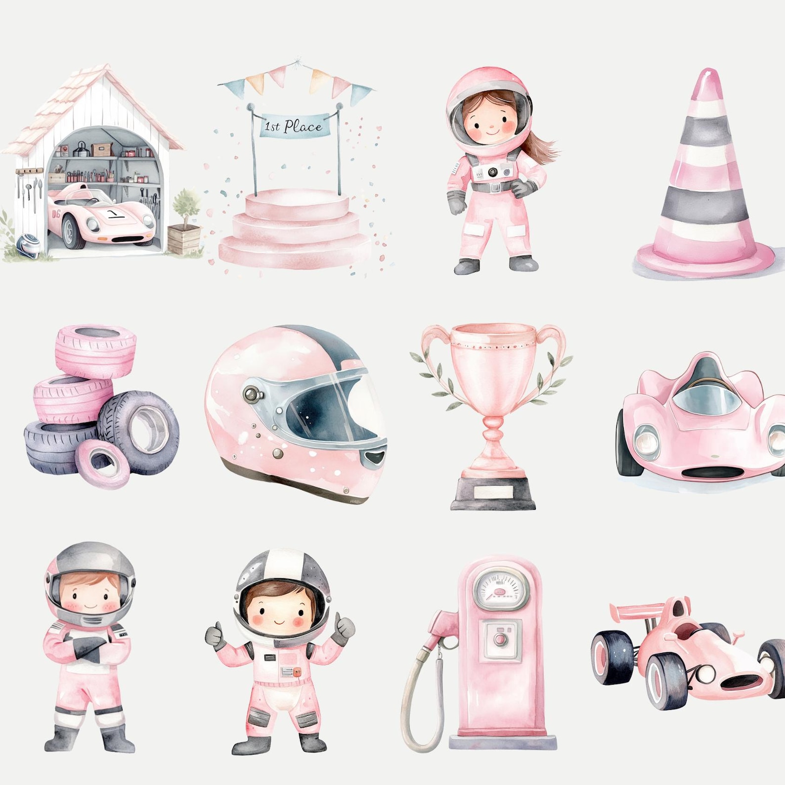 Watercolor Pink Race Car Clipart Set Girl Racer PNG Bundle With Drivers ...