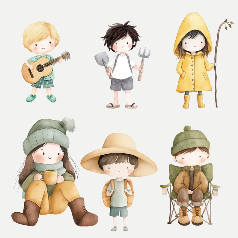 Camping Watercolor Clip Art Set – 50 Outdoor Illustrations of Kids ...