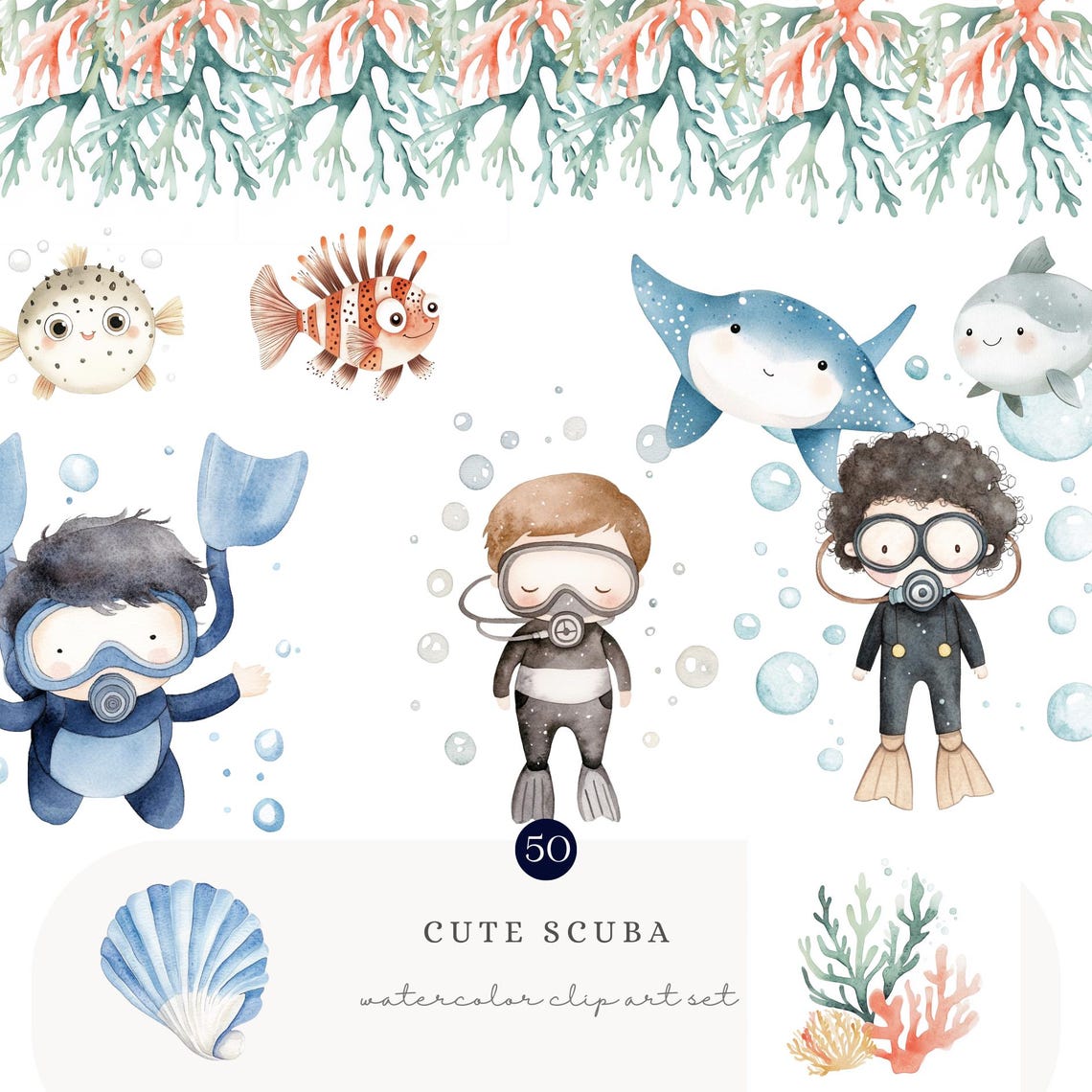 Cute Scuba Watercolor Clipart Bundle | Adorable Divers, Sea Creatures ...