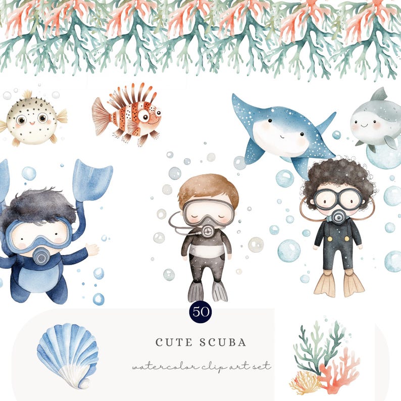 Cute Scuba Watercolor Clipart Bundle | Adorable Divers, Sea Creatures ...