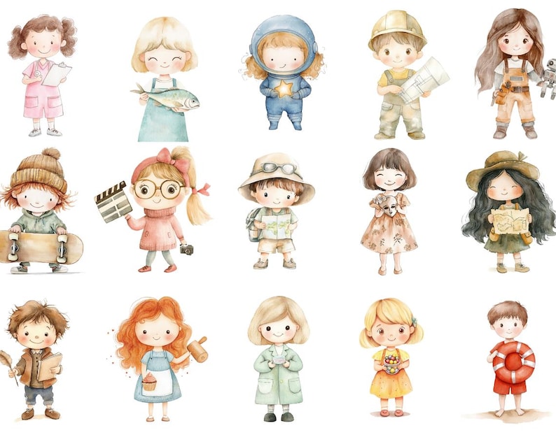 Kids Careers Watercolor Clipart Set - Cute Professions, Doctor ...