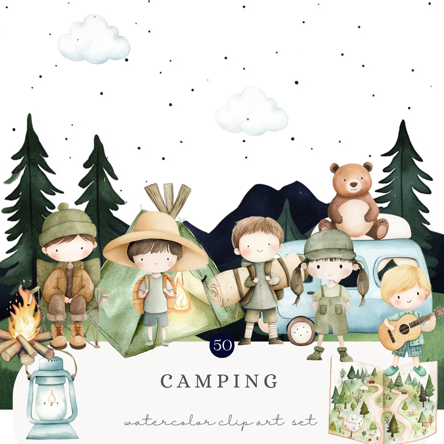 Camping Watercolor Clip Art Set – 50 Outdoor Illustrations of Kids ...