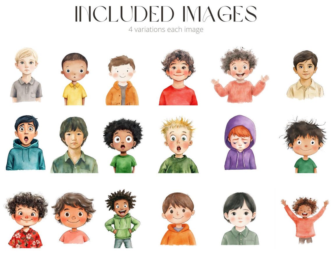 Watercolor Boy Emotions Clipart | Cute Kids Expression Png Set | Happy ...