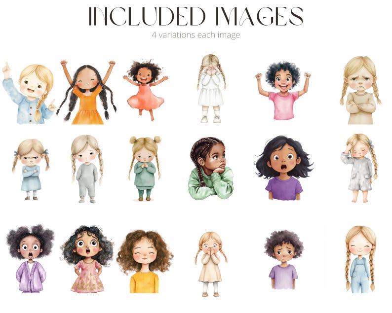 Watercolor Girl Emotions Clipart Bundle, Kids Facial Expressions ...