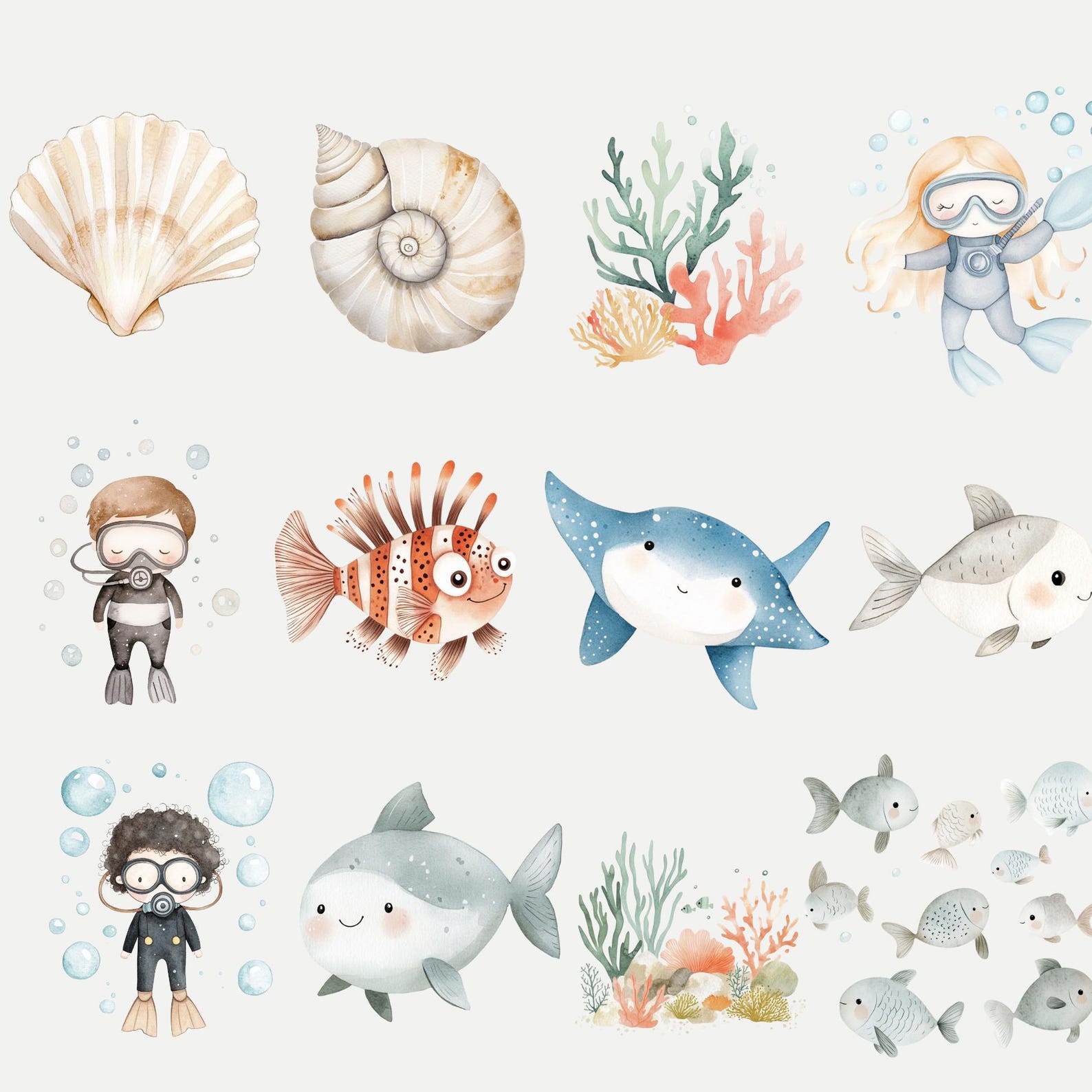 Cute Scuba Watercolor Clipart Bundle | Adorable Divers, Sea Creatures ...